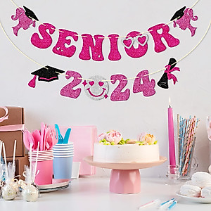 Senior 2024 Banner, Pre-strung Graduation Banner for Girls, 2024 Congrats Grad Party Decorations, Music High School College Graduation Bunting Sign, Pink Glitter