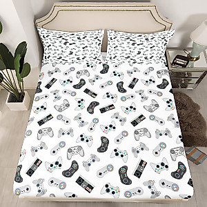 Manfei Teens Gaming Sheet Set Full Size Kids Video Games Bedding Set 4pcs with Deep Pocket Fitted Sheet + Flat Sheet + 2 Pillowcases Boys Gamer Controller Bed Sheet Set for Game Room Decor
