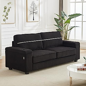 ERYE Modern Living Room Upholstered 3 Seater Sofa Couch Deep Seat Soft Corduroy Sofa&Couch with Storage Armrests, 2 Cupholders, Type-C and USB Charging Ports for Home, Apartment, Office