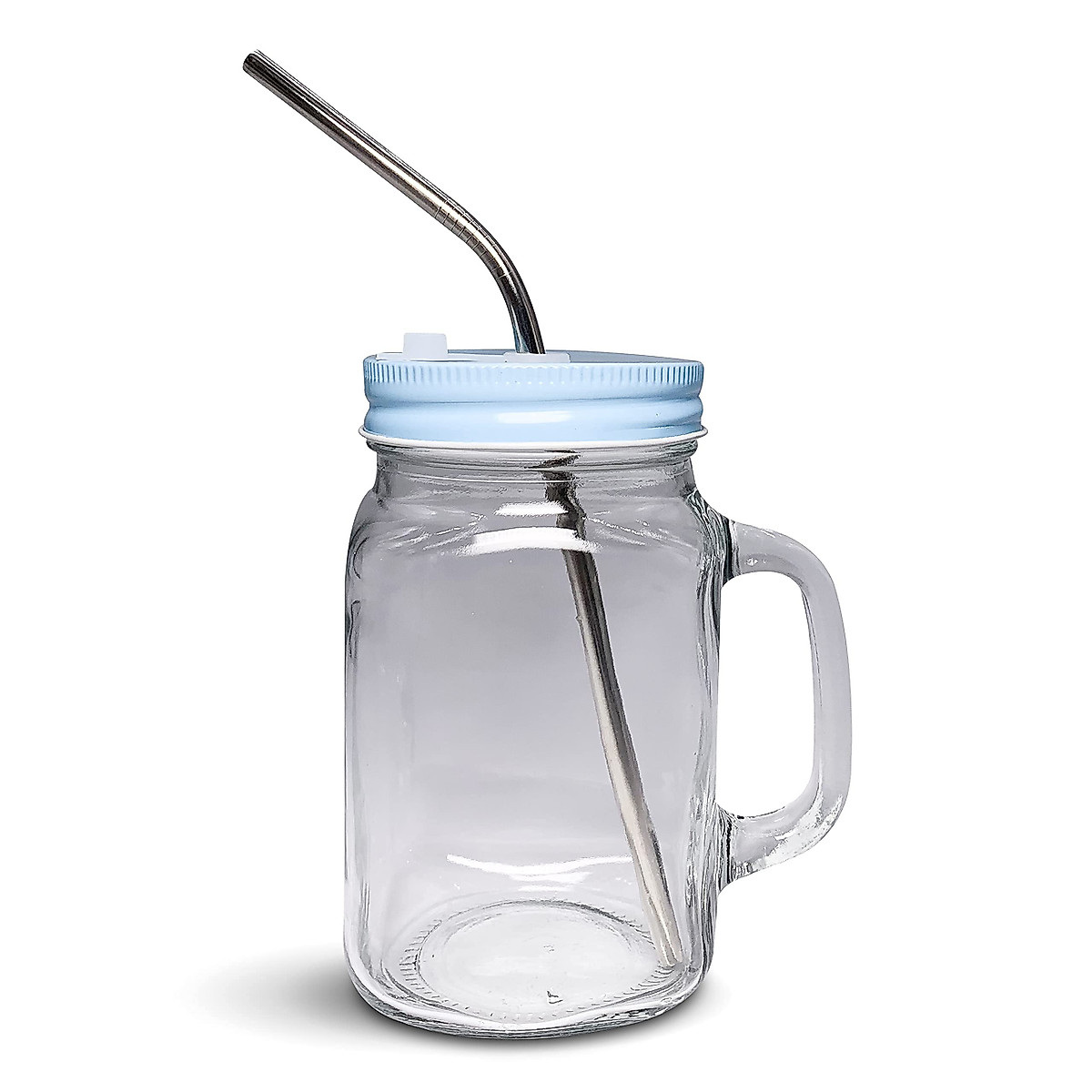 Home Suave 20oz Mason Jar Mugs with Handle Set of 2, Regular Mouth, Light blue Lids with Reusable Stainless Steel Straw, Kitchen GLASS 20 oz Jars