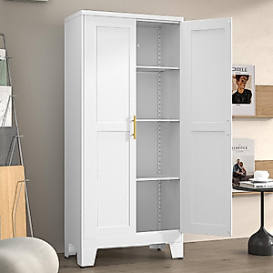 White Metal Pantry Cabinet with 2 Doors and Adjustable Shelves, 61" Kitchen Storage cabinets with Gold Handles, Versatile Storage for Laundry/Living/Dinning Room, Bathroom,Utility Room