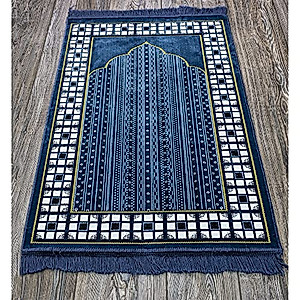 Modefa Turkish Islamic Prayer Rug - Thin & Lightweight Velvet Praying Carpet - Soft Muslim Praying Mat Janamaz - Ramadan or Eid Gift for Men & Women - with Car Hanger - Vined Arch (Blue)