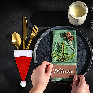 36 Pcs Christmas Santa Hat Silverware Holders Xmas Red Santa Claus Hats Tableware Holders Cute Fork Spoon Pocket Flatware Holder Mini Wine Bottle Cover DIY Lollipop Hat for Christmas Tree Dinner Decor