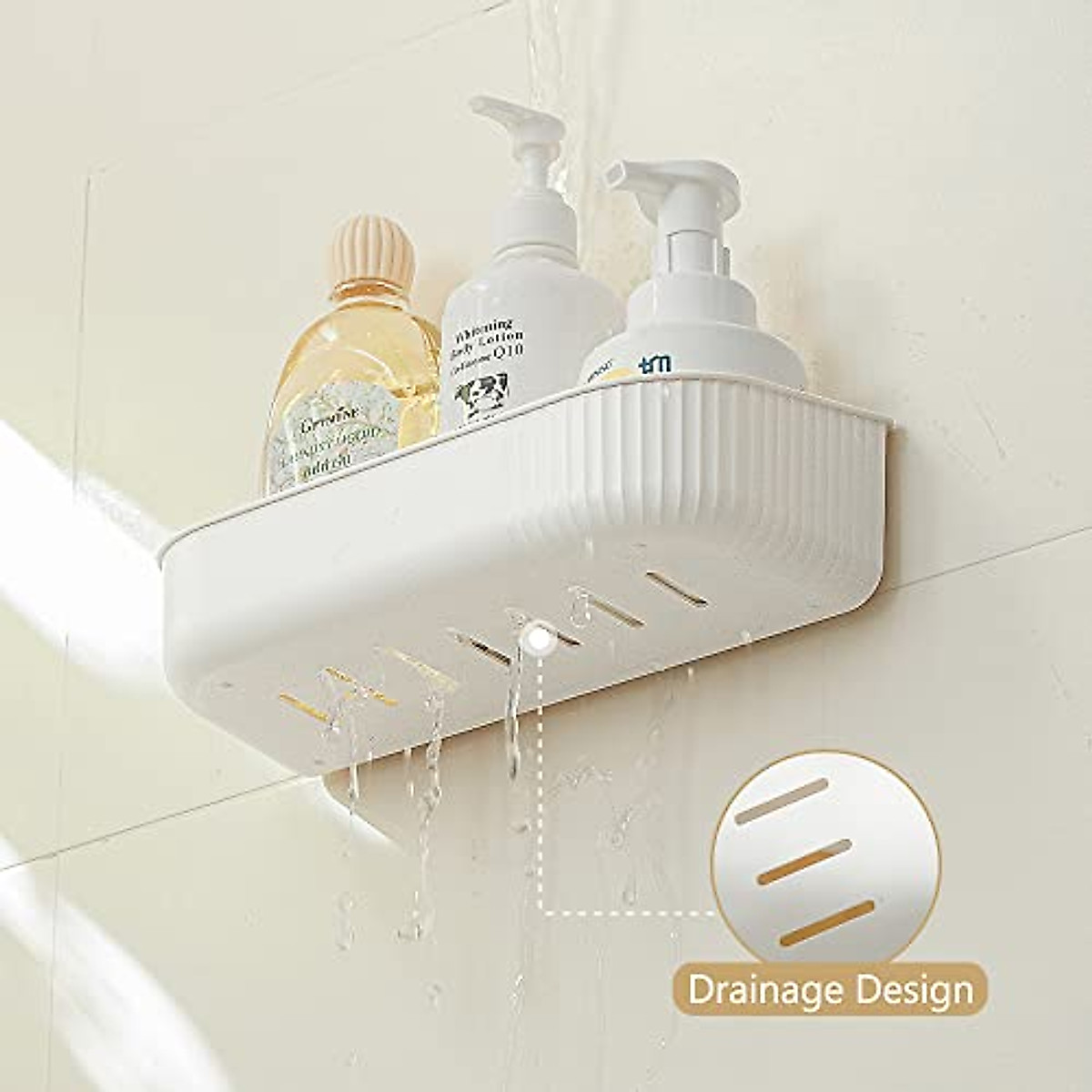 Poeland Plastic Shower Caddy Self Adhesive Corner Shower Shelf, Bathroom Wall Mounted Storage Organizer Tray Max Hold 10lbs