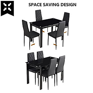 Recaceik 5 Pieces Modern Dining Table Set for 4, Rectangle Glass Table and 4 PU Leather Kitchen Dining Room Chairs with Metal Frames, Dining Room Table and Chairs Set, Easy to Clean & Assemble