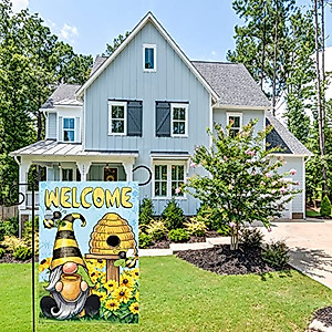BUYITO Welcome to Our Bee Garden Flag, Gnome Spring Summer Farmhouse Fall Yard Outdoor Daisy Decoration Vertical Double Sided Garden Banner Floral Hive Farmhouse Burlap Outdoor Welcome Flag 12 x 18 Inch