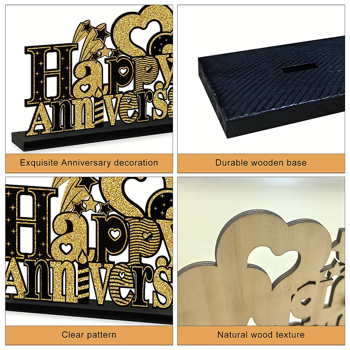 4 Pieces Anniversary Decorations Wooden Table Centerpieces, Black Gold Happy Wedding Anniversary Table Sign Party Supplies, 10th 20th 30th 40th 50th 60th Anniversary Table Decor for Indoor Outdoor