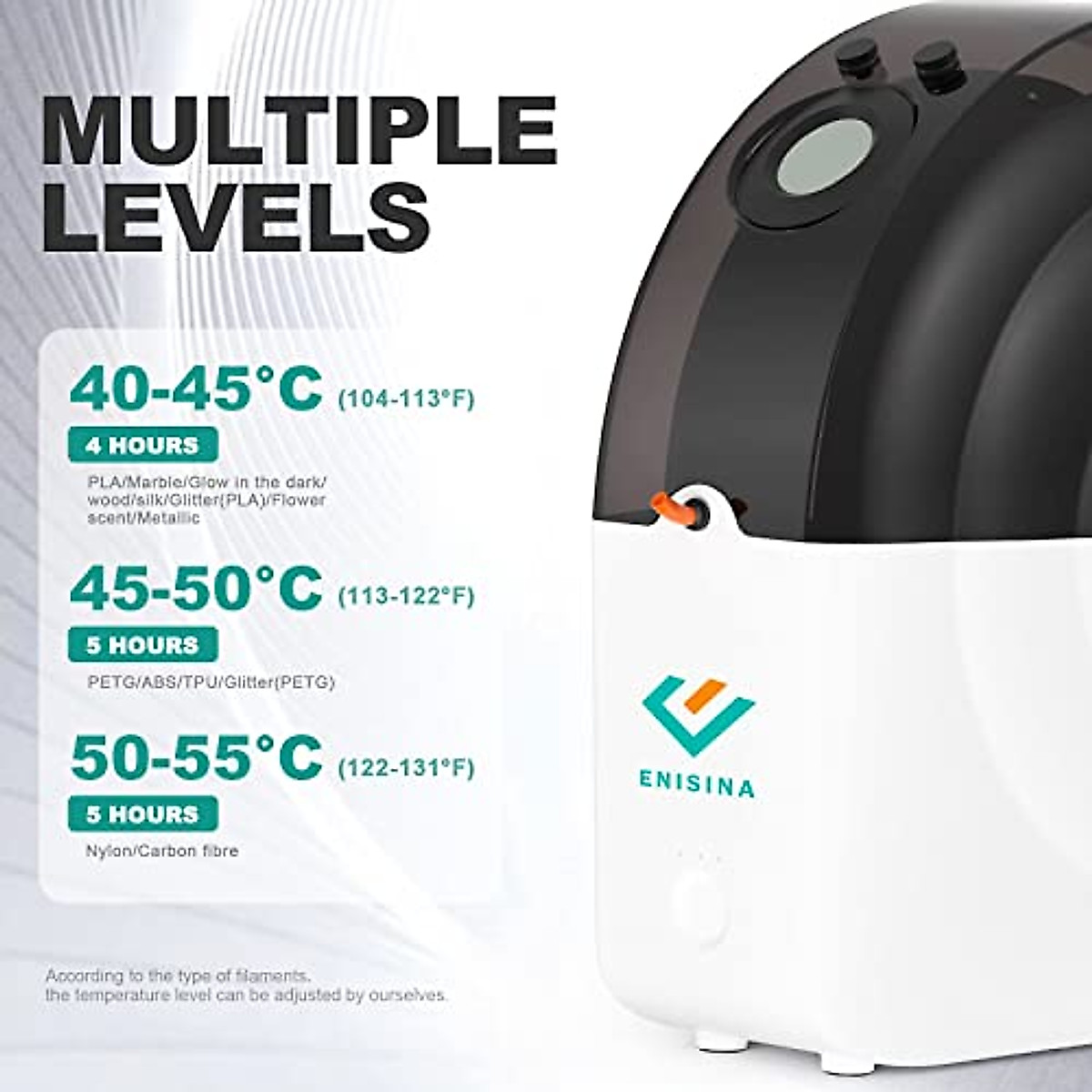 Dryer Box of 3D Printer Filament, Enisina 3D Filament Dryer Box 360° Even Heating Filament, Compatible with 1.75mm, 2.85mm, 3.00mm Filament and PLA/PETG/TPU/ABS 3D Printer Filament (Black&White)