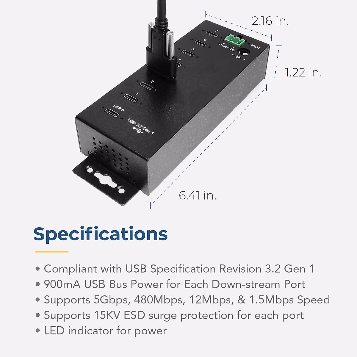 7-Port USB-C 3.2 Hub w/ 15KV ESD Surge Protection DIN Rail Mount