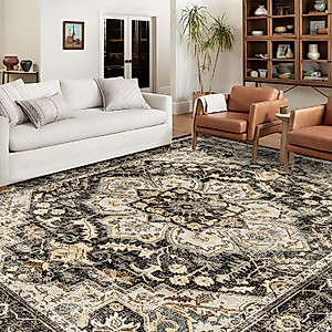TOPRUUG Washable Oriental Area Rug - 9x12 Rugs for Living Room Soft Carpet for Bedroom Waterproof Floral Distressed Indoor Stain Resistant Non-Shedding Floor Carpets (Black/Grey, 9x12)