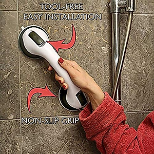 FChome 2 pcs Shower Wall Suction Cup Grab Bars with 4 pcs Self-Adhesive Hooks, Bathroom Balance Bar-12 Inch Shower Handle Bar Offers Safe Grip with Strong Hold Suction Cup for Safety Grip Grab,Gray.