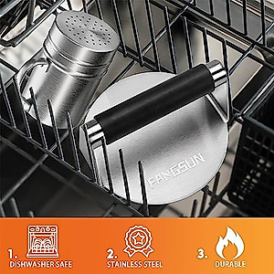 FANGSUN Smashed Burger Press and Spice Shaker, 5.8 Inch Stainless Steel Burger Smasher with Heat-Resistant Handle, Round Non-Stick Hamburger Press, Griddle Accessories Kit for Cooking, Grill Gift