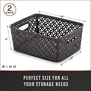 BINO l Plastic Storage Baskets, Medium - Grey | THE BLOSSOM COLLECTION l Multi-Use Organizer Bin l Built-in Handles l Plastic Woven Basket for Organizing l Pantry & Home Organizing Basket