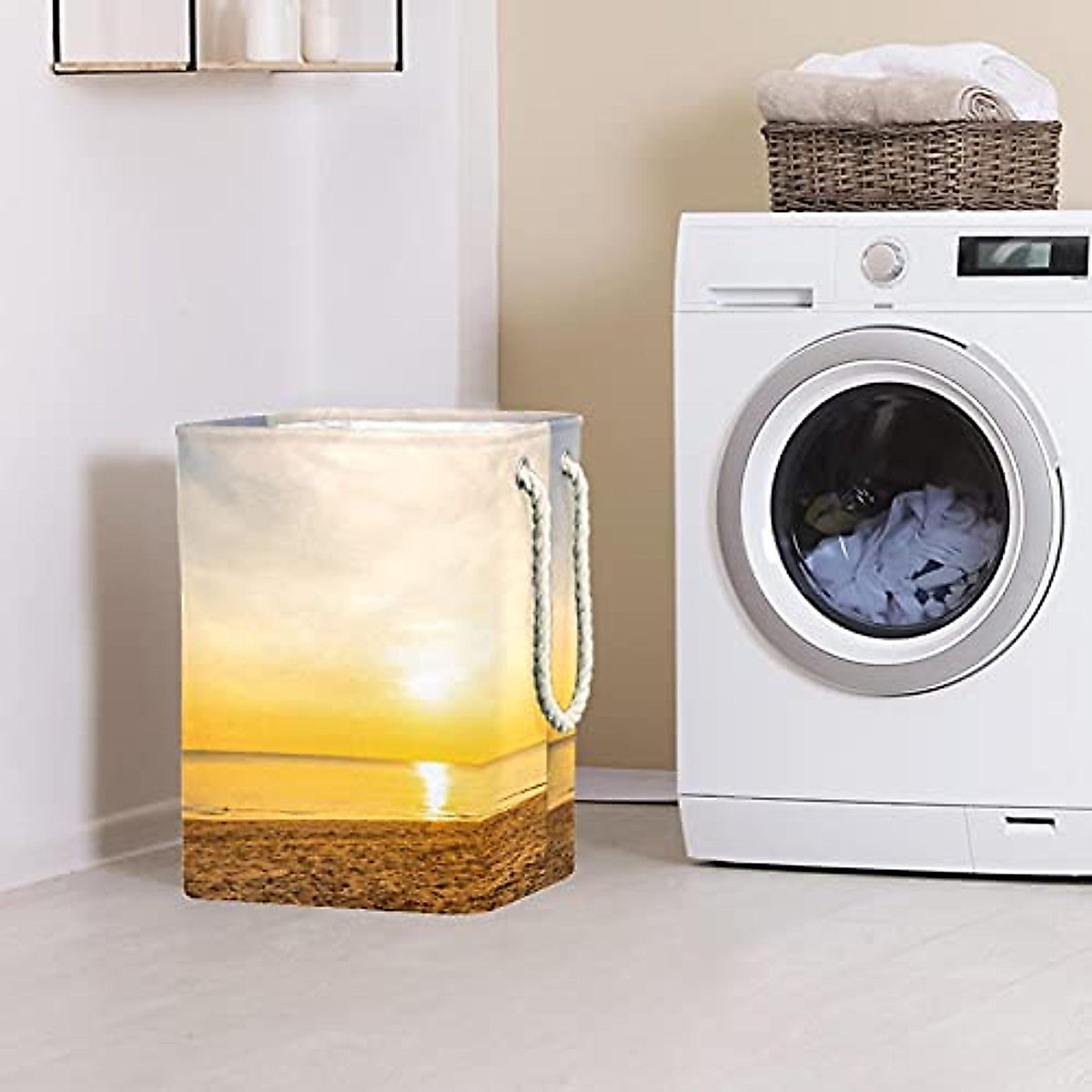 Inhomer Laundry Hamper Beach Sunset Sunrise Collapsible Laundry Baskets Firm Washing Bin Clothes Storage Organization for Bathroom Bedroom Dorm