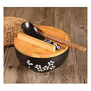 YingXue Japanese Cuisine Bowl (6.3 by 3.15 In) Set with Wooden Lid, Soup Spoon, Wooden Chopsticks, Bamboo Tray, Ceramics Sakura Ramen bowl, Ceramic Instant Noodle Bowl, Salad Bowl Soup Bowl Rice Bowl
