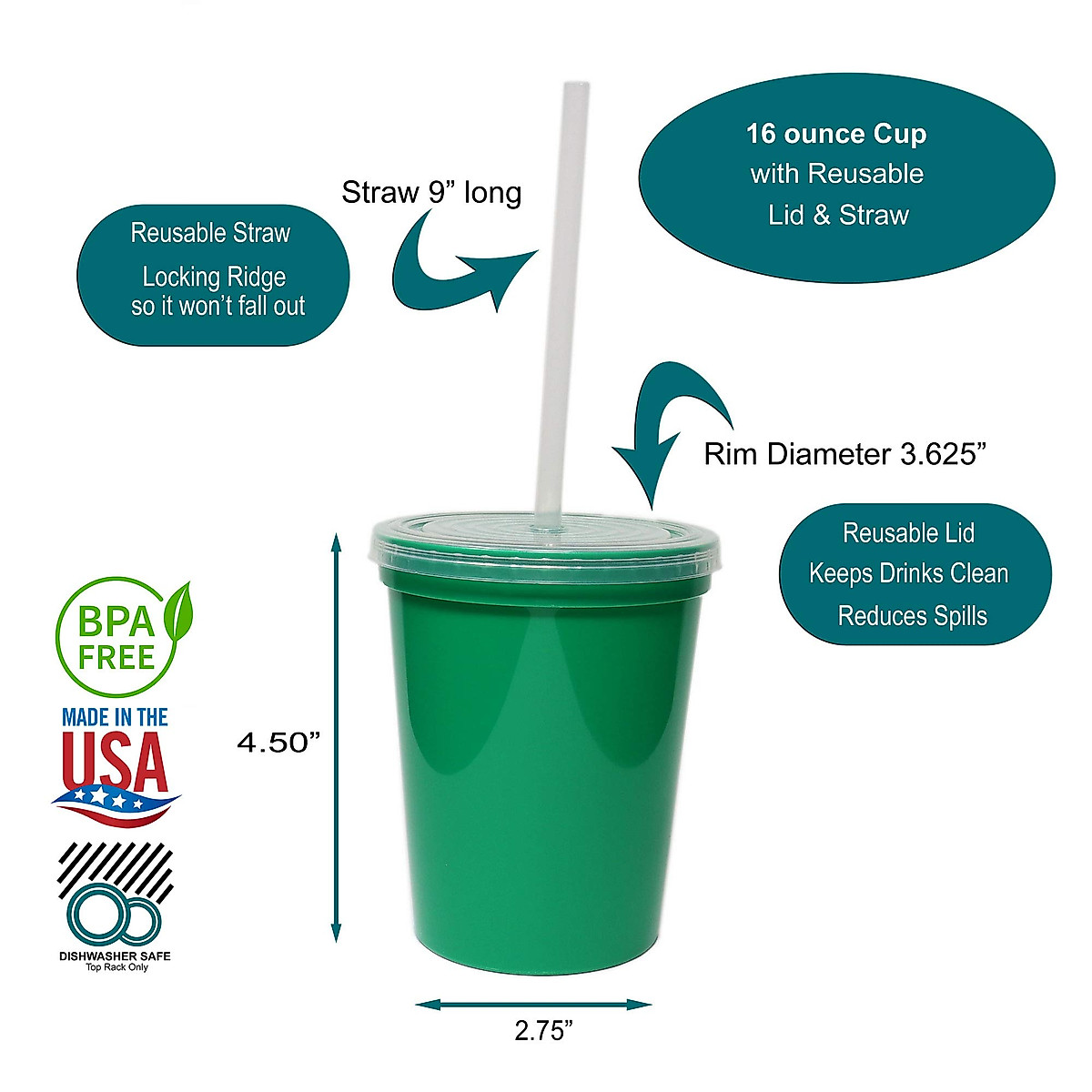 Rolling Sands 16 Oz. Reusable Plastic Stadium Cups with Lids, 6 Pack, USA Made Plastic Tumblers and Lids, Includes 6 Reusable Straws; Dishwasher Safe, Green
