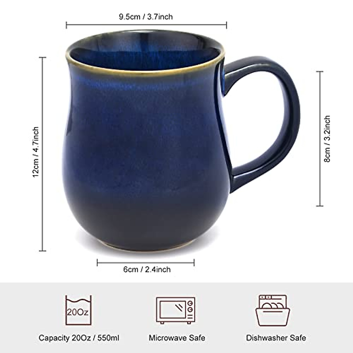 Otevymu 20 Oz Large Ceramic Coffee Mugs, Big Handle Handmade Pottery Tea Cup for Office and Home, Easy to Hold, Microwave and Dishwasher Safe, Hot Cold Drinking, Stylish Texture Glaze (Star Blue)