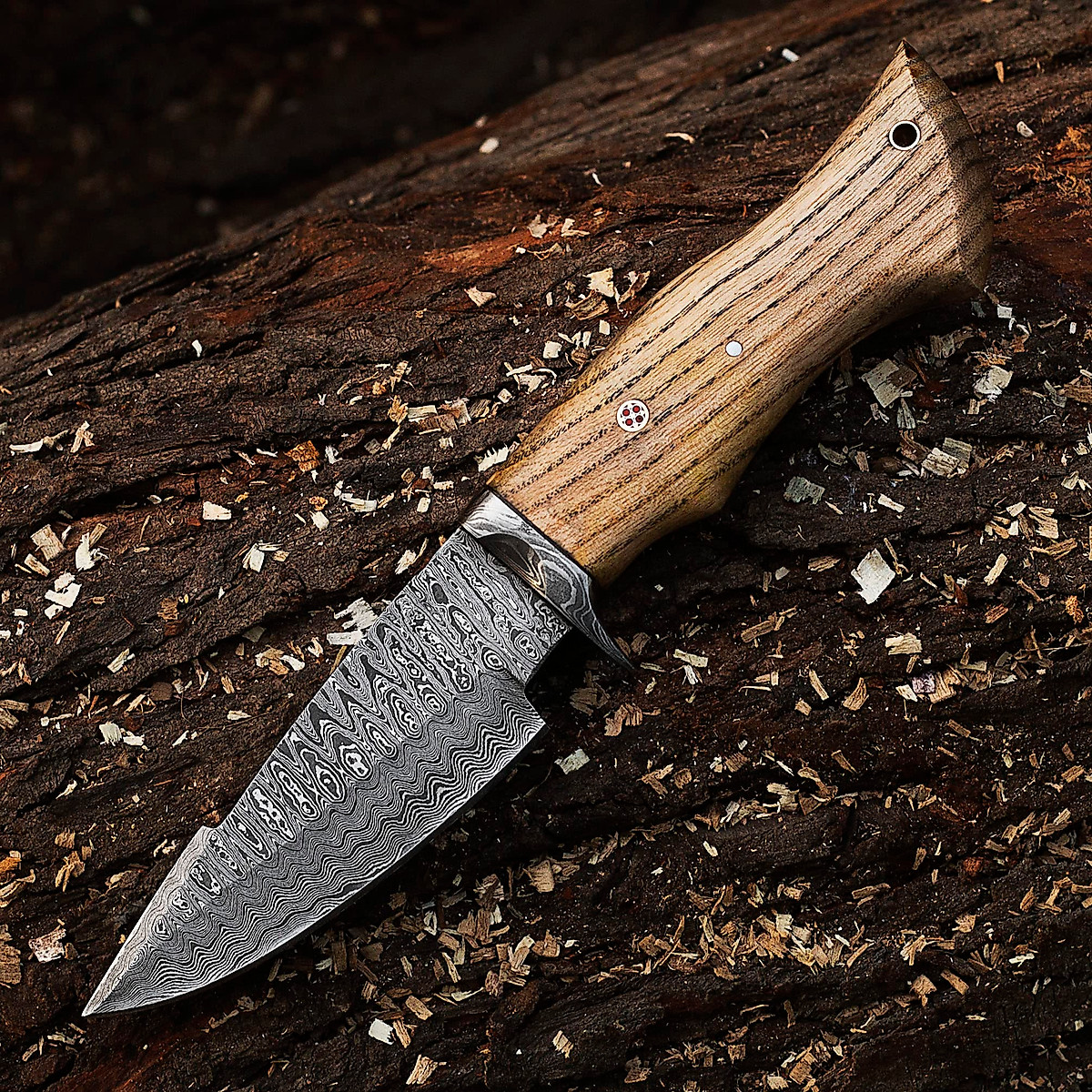 MJ Damascus Skinner knife, Survival Bushcraft knife, Ash wood Handle, Hunting outdoor camping knife, Full Tang Knife. Viking knife Gift for men.