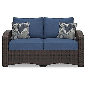 Signature Design by Ashley Windglow Outdoor Loveseat with Cushion Love Seats, 58" W x 31" D x 37" H, Blue & Dark Brown