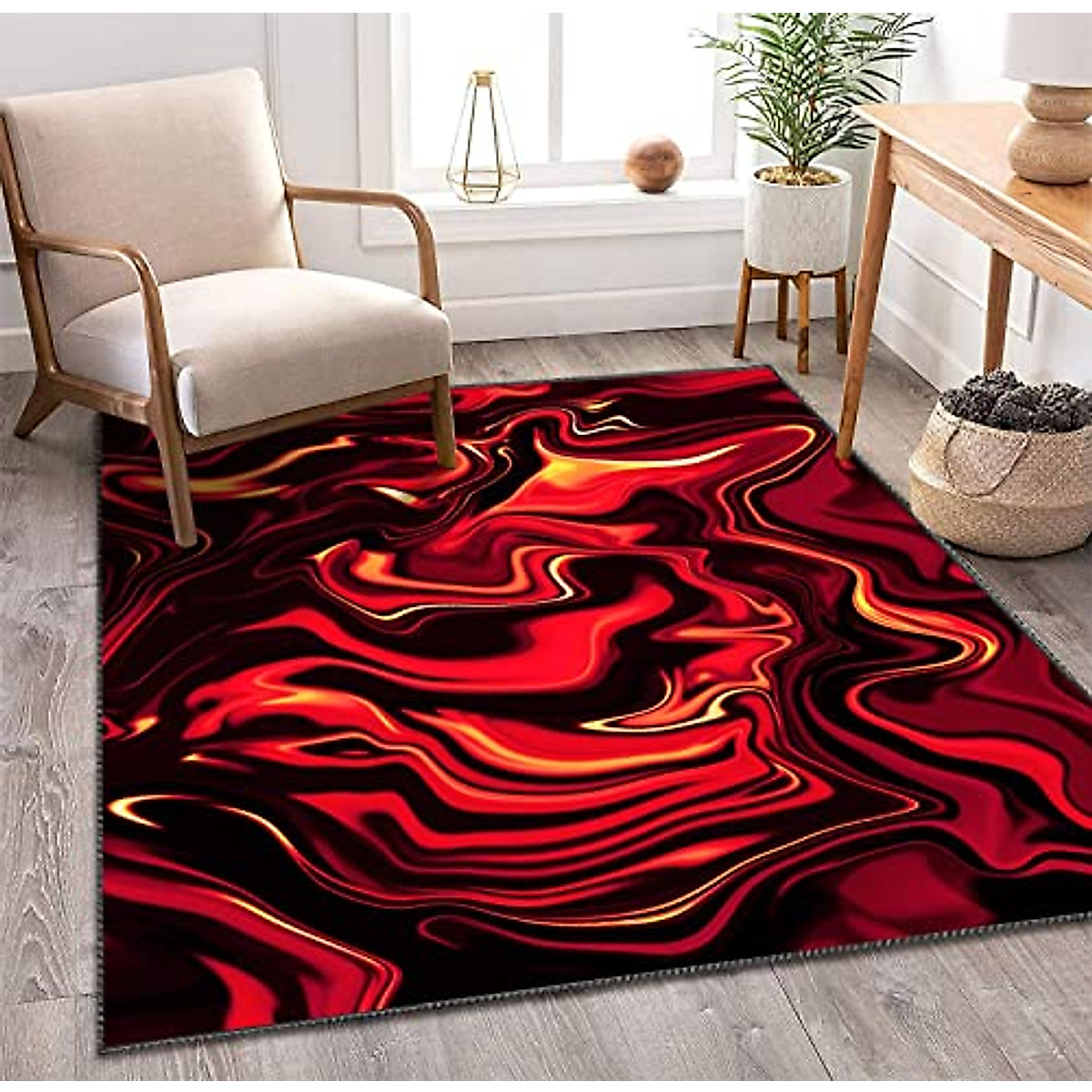 Modern Abstract Red Marble Area Rugs for Living Room Kitchen Bedroom Abstract Flame Fire Red Yellow Black Marble Background Wave Swirl Bathroom Rugs Stain Resistant Carpet Mat Pad Home Decor