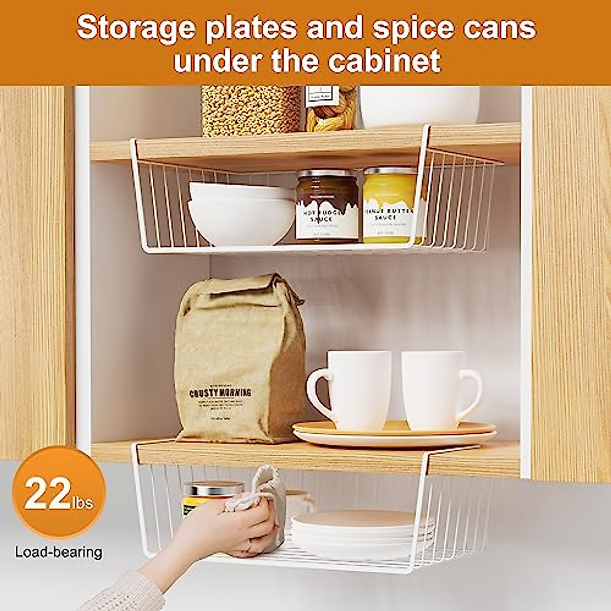 Bellsal Under Shelf Basket, 4 Pack Metal Hanging Wire Shelf Under Shelf Storage, Slides Under Cabinet Shelf, Space Saving for Kitchen Pantry Office Bathroom Bookshelf Under Shelf Organizer, White