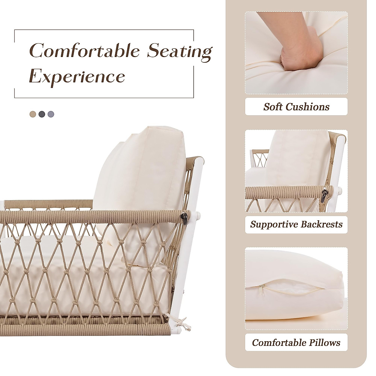 Quarte 1-Piece Woven Rope Outdoor Swing Sofa, 2-Person Porch Swing Bench with Soft Cushions, Patio Furniture for Garden, Backyard, Poolside (Beige/Rope)