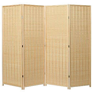 Decorative Freestanding Beige Woven Bamboo 4 Panel Hinged Privacy Screen Portable Folding Room Divider