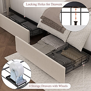 HOSTACK King Bed Frame with 4 Storage Drawers, Upholstered Platform Bed Frame with Button Tufted Headboard, Heavy Duty Mattress Foundation with Wooden Slats, No Box Spring Needed (Beige, King)