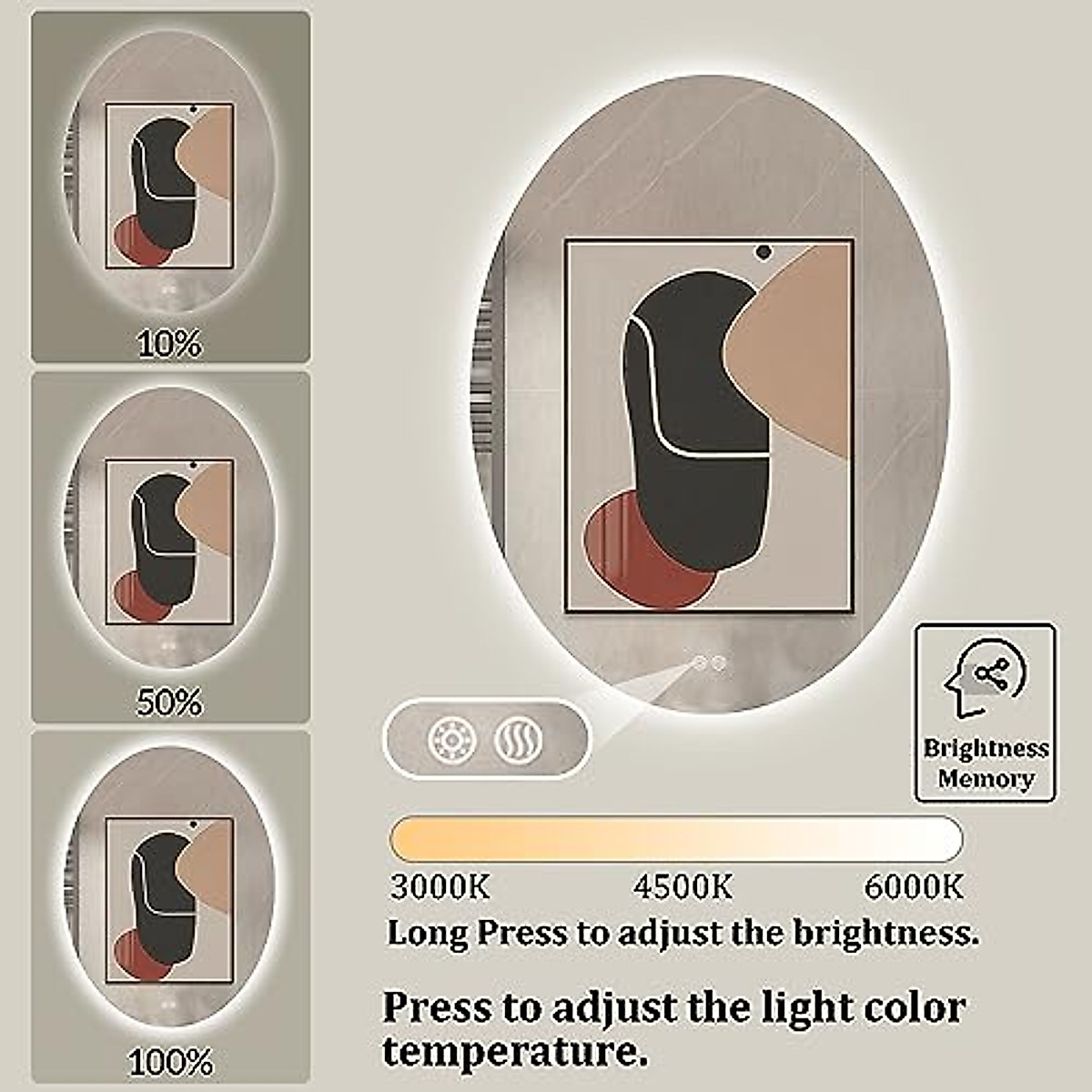 BuLife 28 X 20 Inch Oval Backlit LED Bathroom Mirror Anti-Fog 3 Colors Light Dimmable Wall Mounted Lighted Bathroom Vanity Mirror Smart Makeup Mirror with Touch Switch