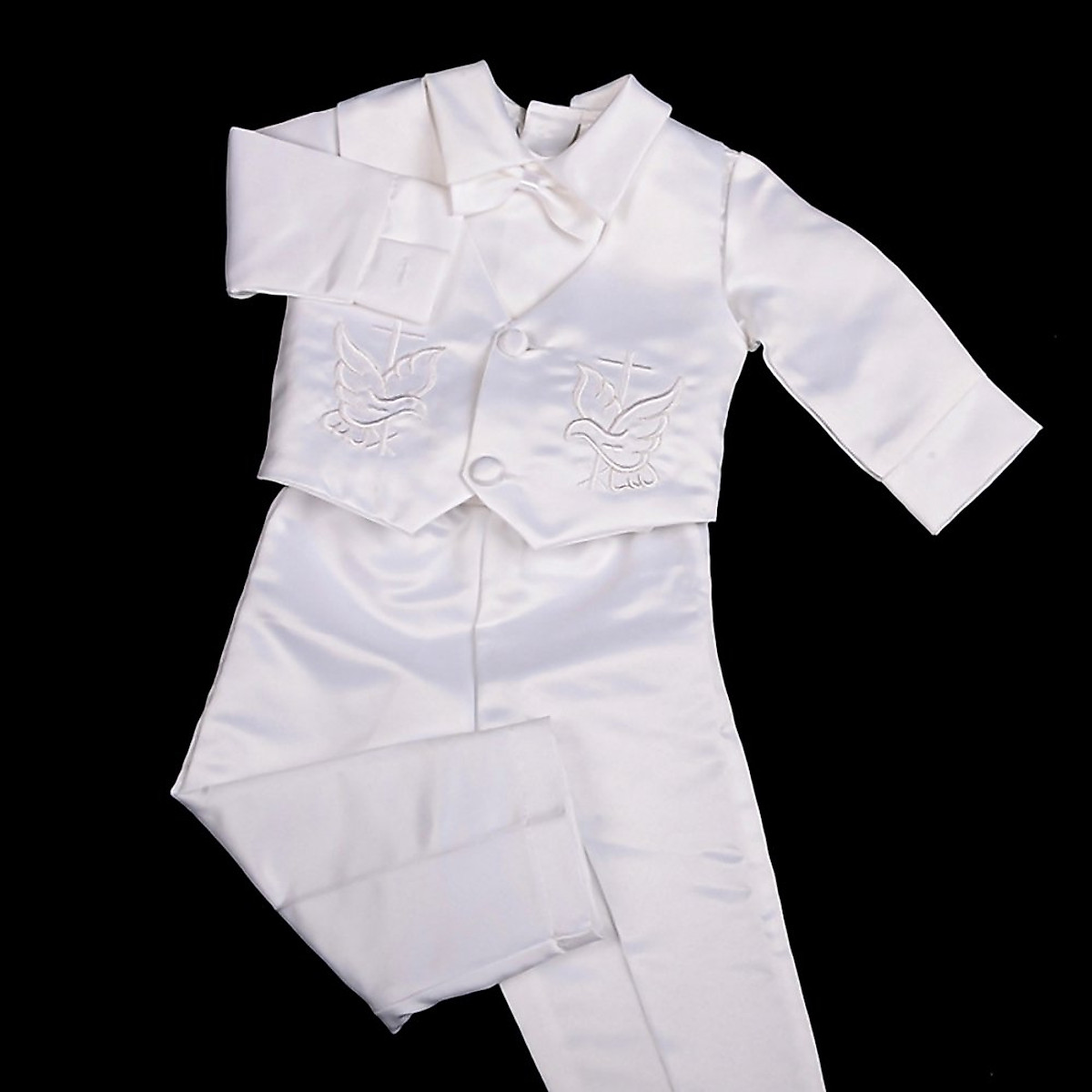 Dressy Daisy Newborn Baby Boys Baptism Christening Clothing Outfit White Satin Suit 4 Piece Set with Bonnet Size 0 Months Long Sleeve