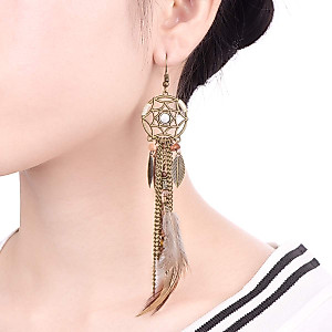Punk Vintage Long Tassel Feather Beads Drop Wolf Tooth Pendant Earring Fish Hook Earrings (Brown A)