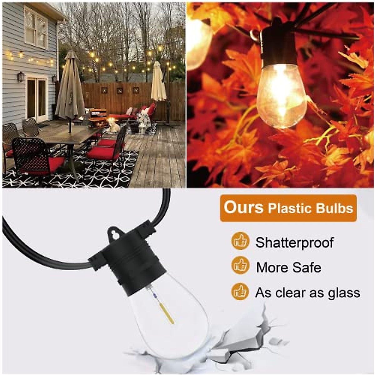 ZOTOYI Outdoor String Lights Patio Light 100 ft, LED Dimmable Lighting S14 LED Outdoor Lights with 30+2 Plastic Bulbs, Waterproof for Outside Cafe Balcony Backyard Bistro Garden Patio Porch