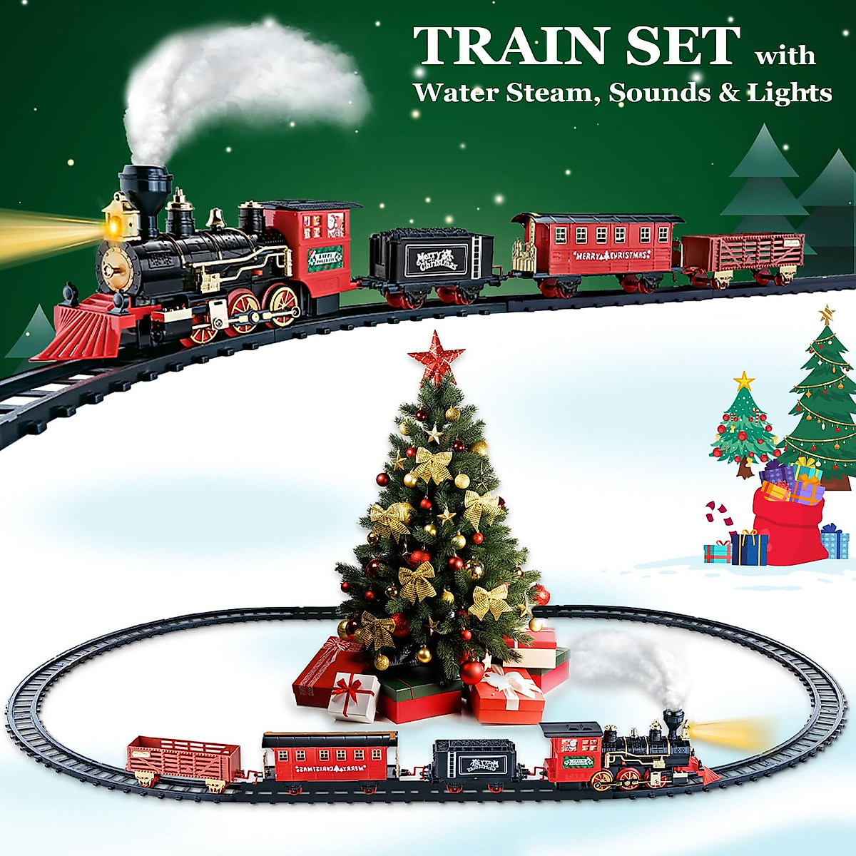 OleFun Train Set, Electric Train with Water Steam, Sounds & Lights, Model Christmas Train Set for Under The Tree, Railway Kit Gifts for 3, 4, 5, 6, 7, 8+ Year Old Boys & Girls