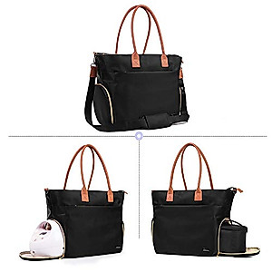 Teamoy Breast Pump Travel Bag, Leather Handle Pumping Tote Compatible with Spectra S1,S2, Medela and Cooler Bag, Laptop Breast Pump Storage Bag for Working Moms, Black (PU Handle)