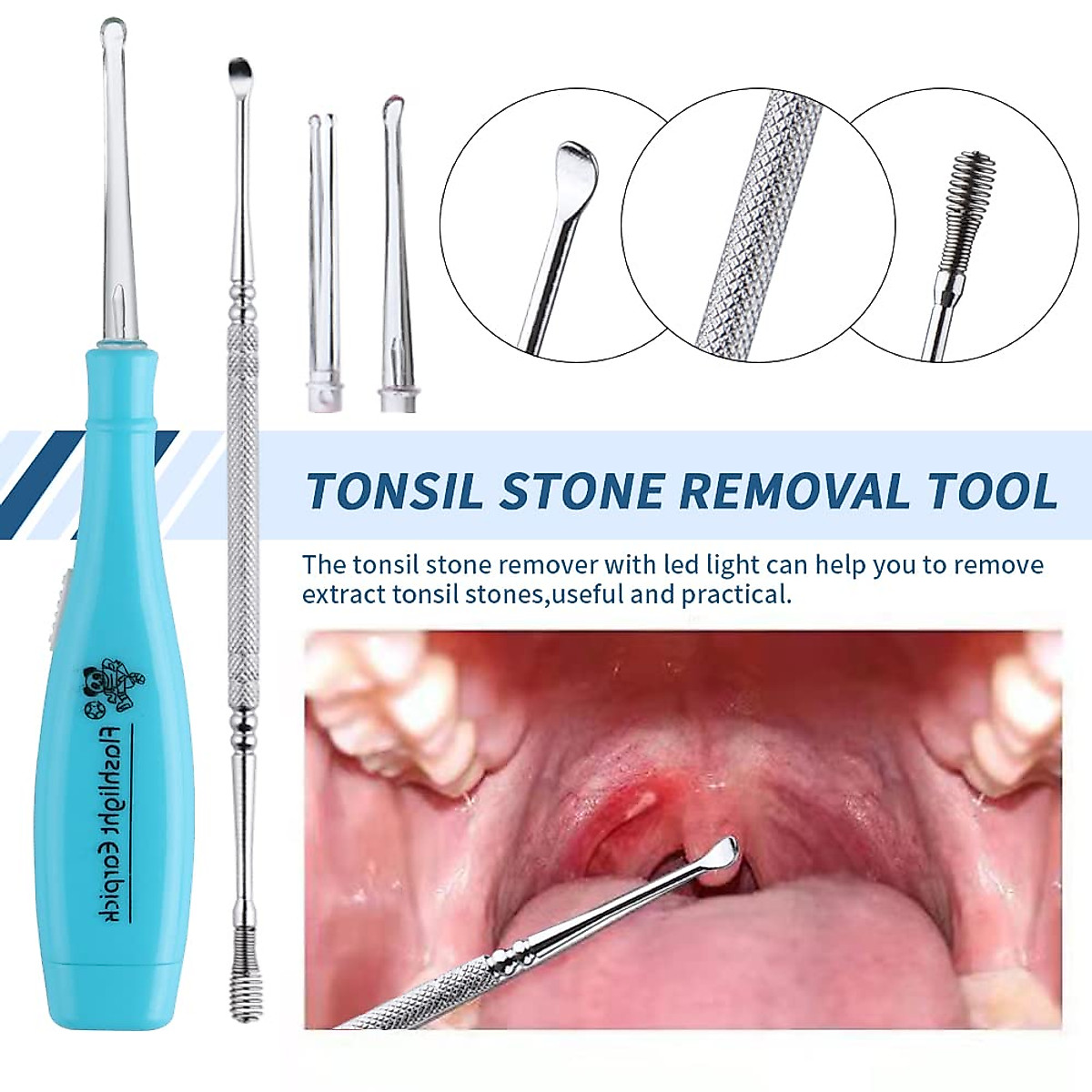 9 Pieces Upgraded Tonsil Stone Removal Set Include Stainless Steel Tonsil Stone Remover Tool Led Light Tongue Cleaner Scraper Tweezer，Cured Syringe for Oral Care (Blue)