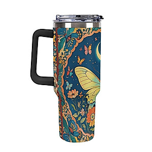 FZQVSGW Butterfly Flower Tapestry 40 Oz Tumbler with Handle And Straw Stainless Steel Vacuum Insulated Tumblers Reusable Keep Drinks Cold Coffee Cup Holder Friendly Gifts for Women Men Car Gym Travel