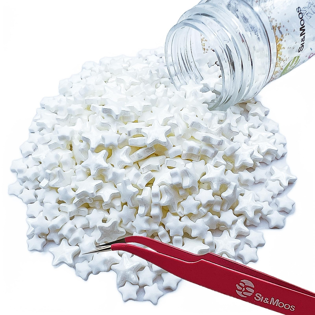 SE Si&Moos White Star Sprinkles Edible White Stars for Cake Decorating Star Icing Decorations Edible Stars Large and Small Christmas Cookie Decorations White Sprinkles for Cake,Cupcakes 3 OZ with Tweezers