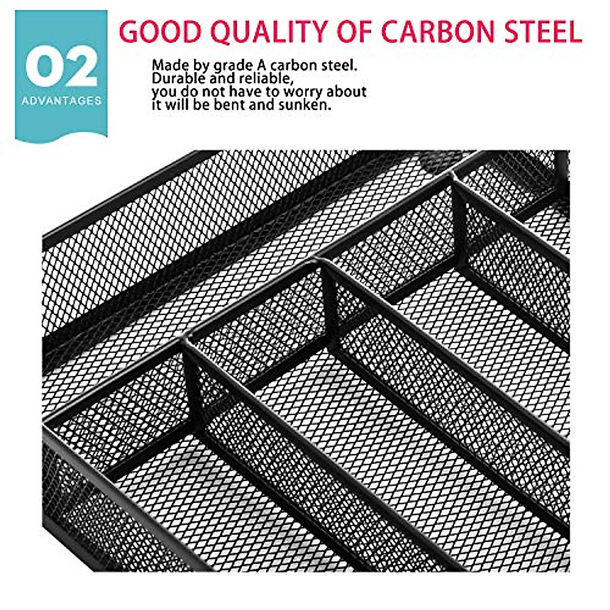 JANE EYRE Utensil Drawer Organizer, Cutlery Tray Silverware Flatware Storage Divider for Kitchen, Mesh Wire with Non-slip Foam Feet, 5 Component, Black