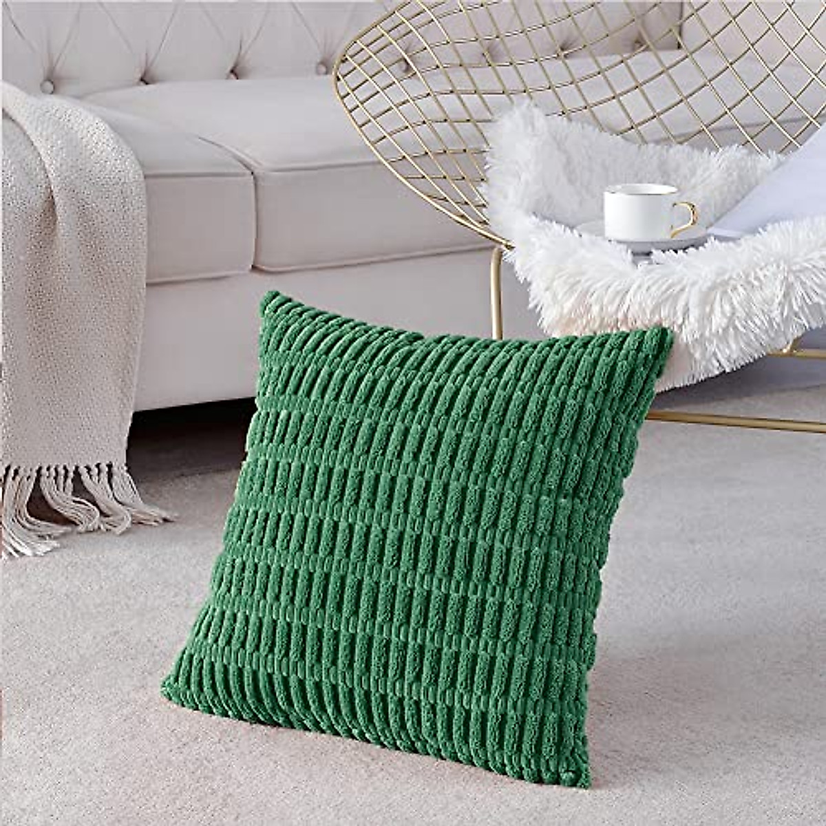 Fancy Homi 2 Packs Emerald Green Decorative Throw Pillow Covers 18x18 Inch for Living Room Couch Bed Sofa, Christmas Home Decor, Soft Striped Corduroy Square Cushion Case 45x45 cm