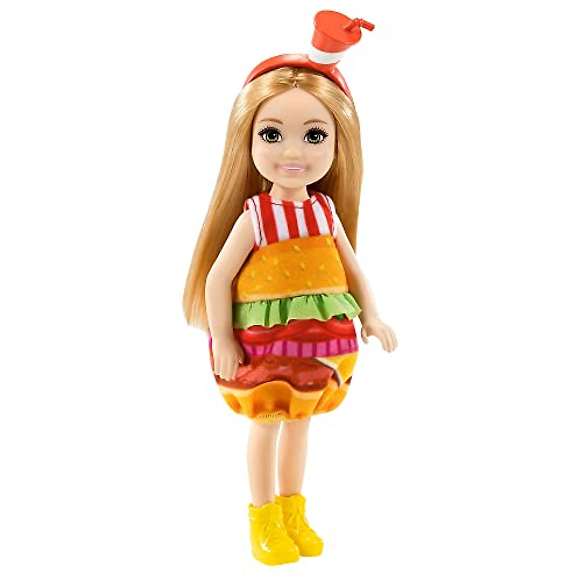 Barbie Club Chelsea Dress-Up Doll (6-inch Blonde) in Burger Costume with Pet and Accessories, Gift for 3 to 7 Year Olds