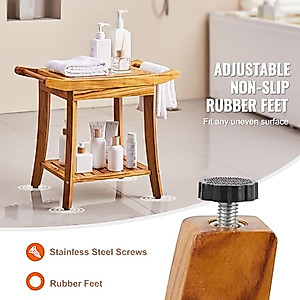 VEVOR Teak Shower Bench with Handles, 22in Waterproof Wood Shower Stool with Storage Shelf Non-Slip Feet, 300 lbs Load Capacity Shower Chair Seat, for Bathroom Indoor and Outdoor Use