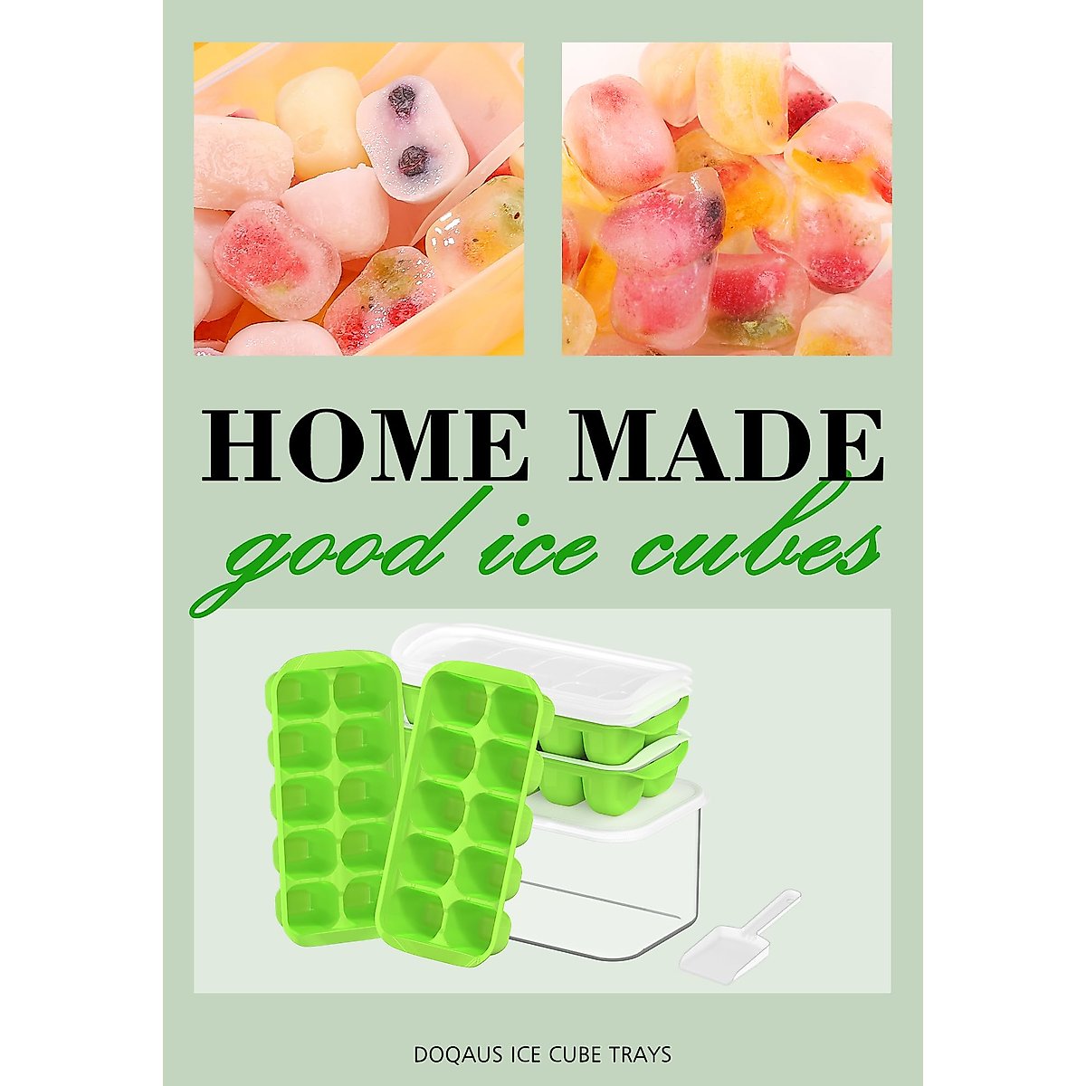 DOQAUS Ice Cube Tray with Lid and Bin, 4 Pack Ice Trays for Freezer, Easy Ice Pop Out Silicone Ice Cube Trays for Freezer with Cover, Stackable Storage Compact Ice Bucket Kits for Popsicles