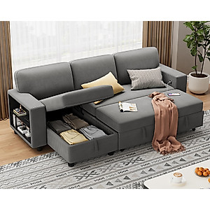 Flamaker 80" Sleeper Sofa, Sofa Bed with Built-in Large Storage and 2 Bookshelves, Convertible Sectional Sofa Couch, Pull Out Couch with USB, Modern Couches for Living Room (Corduroy, Light Grey)