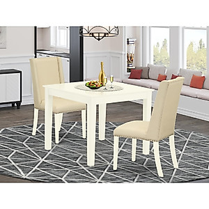 HomeStock Classic Charm 3-Pc Kitchen Dinette Set Included A Rectangular Dining Table & 2 Kitchen Parson Chairs, Cream Linen Fabric Kitchen Chairs Seat with Rubber Wood Legs, Linen White Finish
