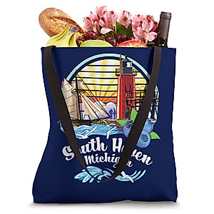 South Haven MI Lighthouse Blueberries Sailboat Beach Design Tote Bag