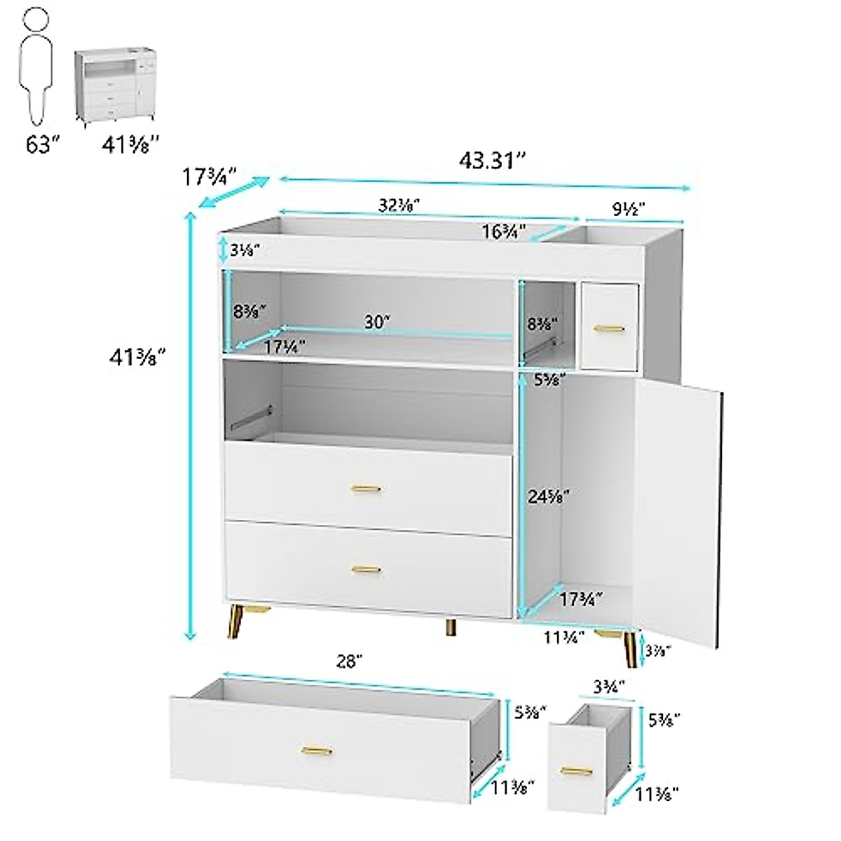 PakaLife Changing Table with Drawers, White Drawer Dresser,Changing Table Dresser with 5 Drawer & Cabinet