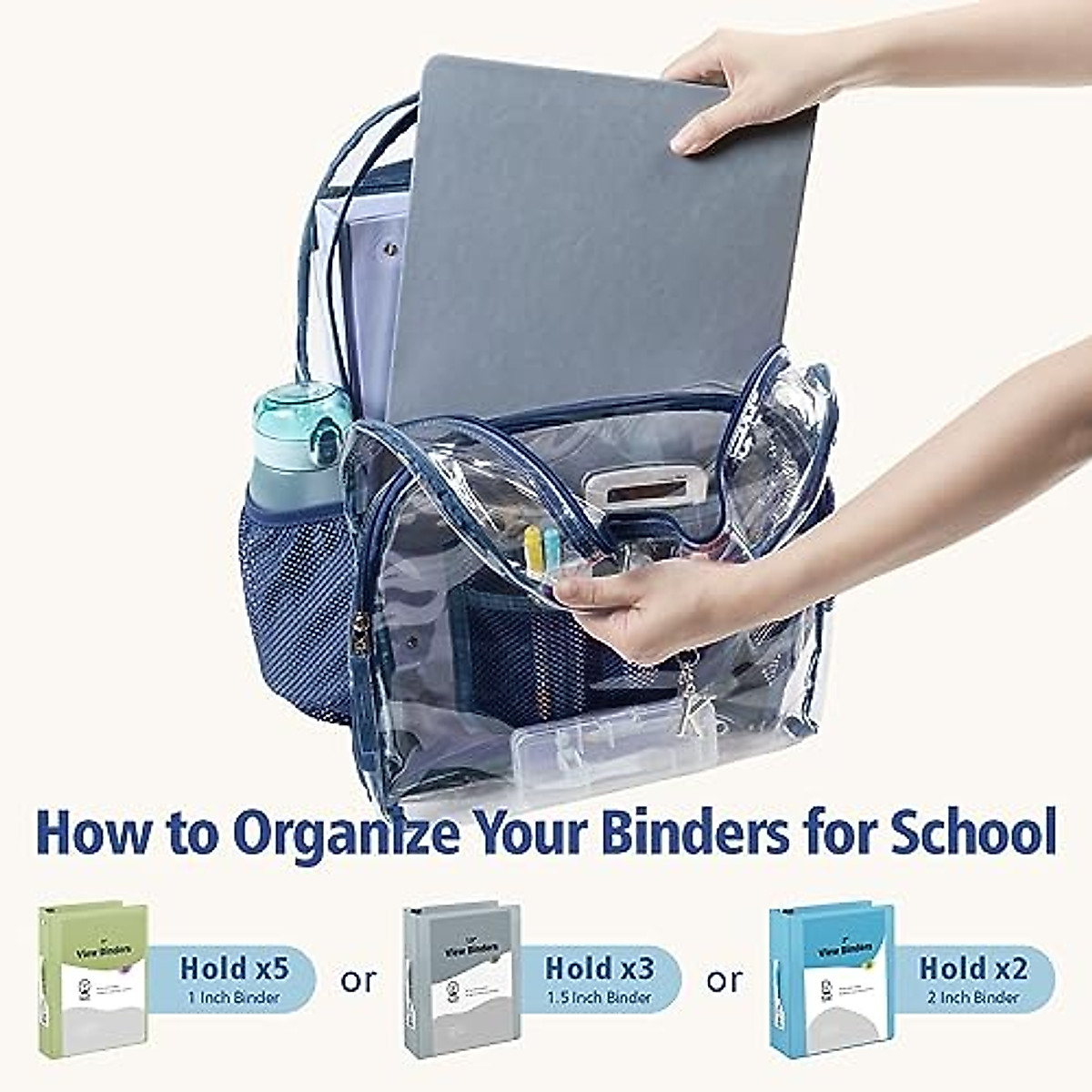 F-color Clear Backpack Heavy Duty - Large Clear Backpacks for School PVC Transparent Bookbag for Students Work Travel, Navy Blue