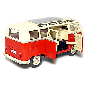 KINGSMART 1962 Volkswagen Classic Hippy Bus 7" 1:24Scale Red Die Cast Metal Model Toy Pull Back Action Car