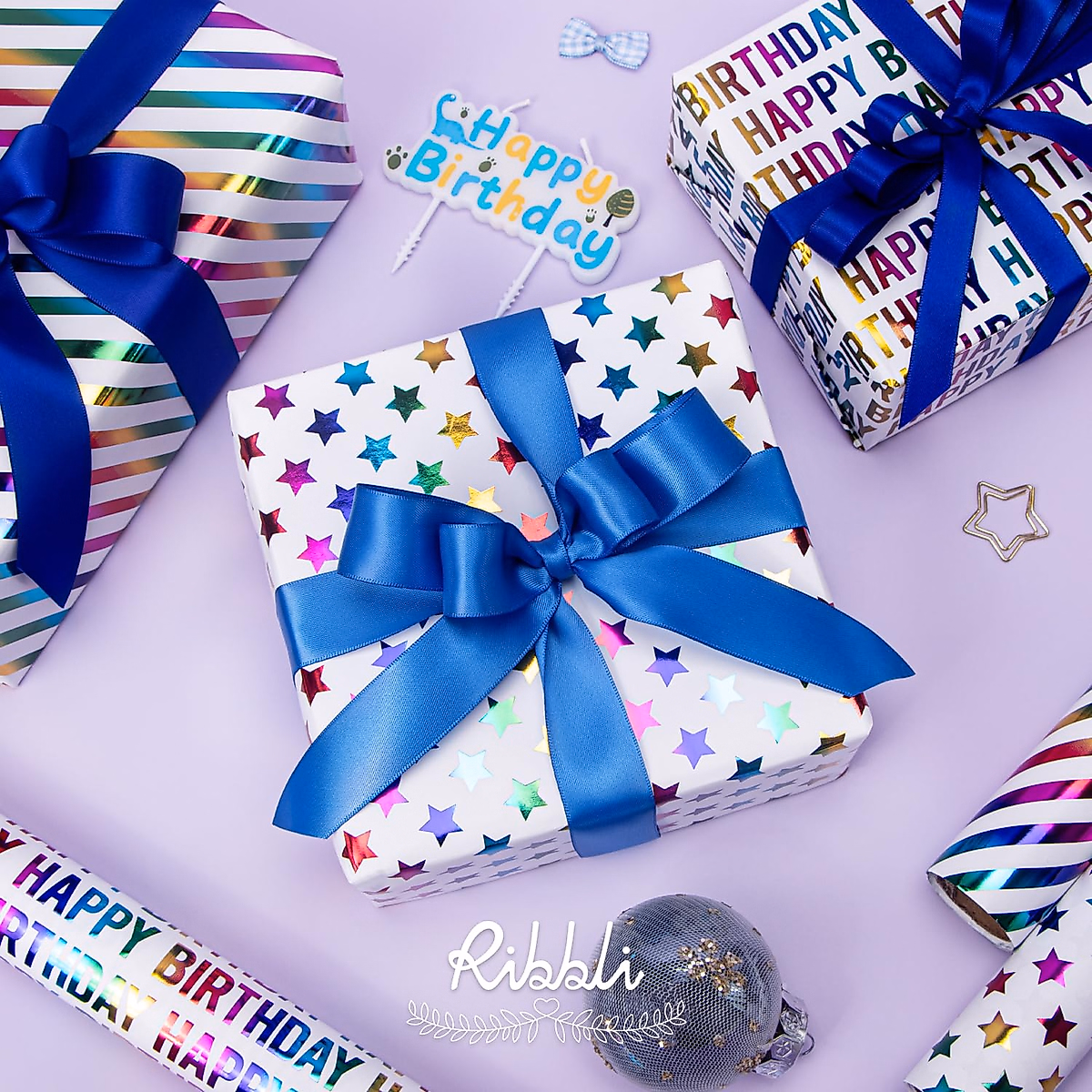 Ribbli Birthday Wrapping Paper Iridescent Gift Wrap Mini Roll, 3 Rolls Happy Birthday Stars Stripes Printed for Boys Kids - 17 inch x 120 inch(10feet) Per Roll