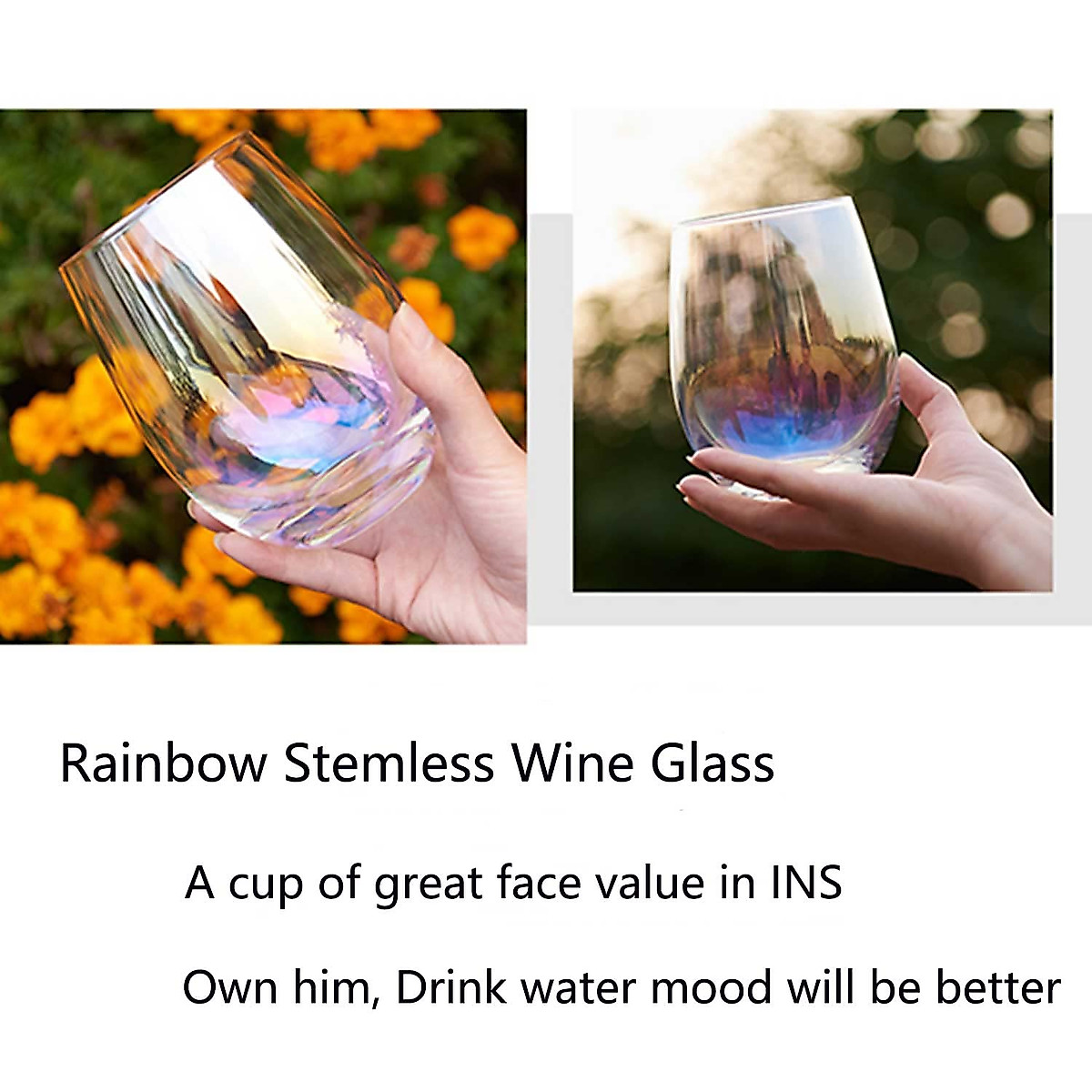 HELLWANG Stemless Wine Glasses, 20 Ounce Seven Color Dazzling Wine Glass for Red or White Wine, Whiskey- Pool Party Beach Travel Cups (Set of 1)